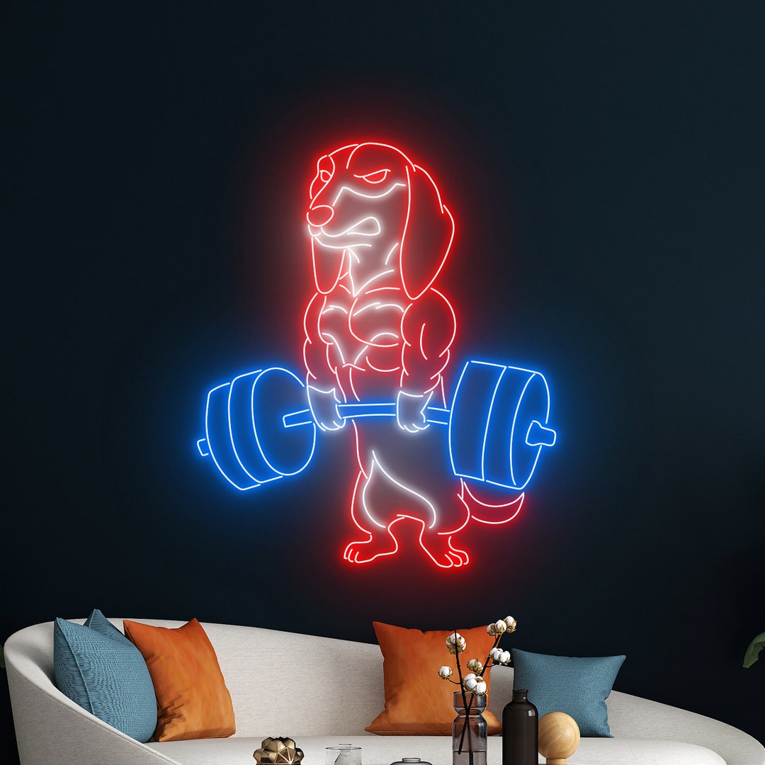 Dachshund Lifting Barbell Neon Sign, Dachshund Neon Sign, Barbell LED ...
