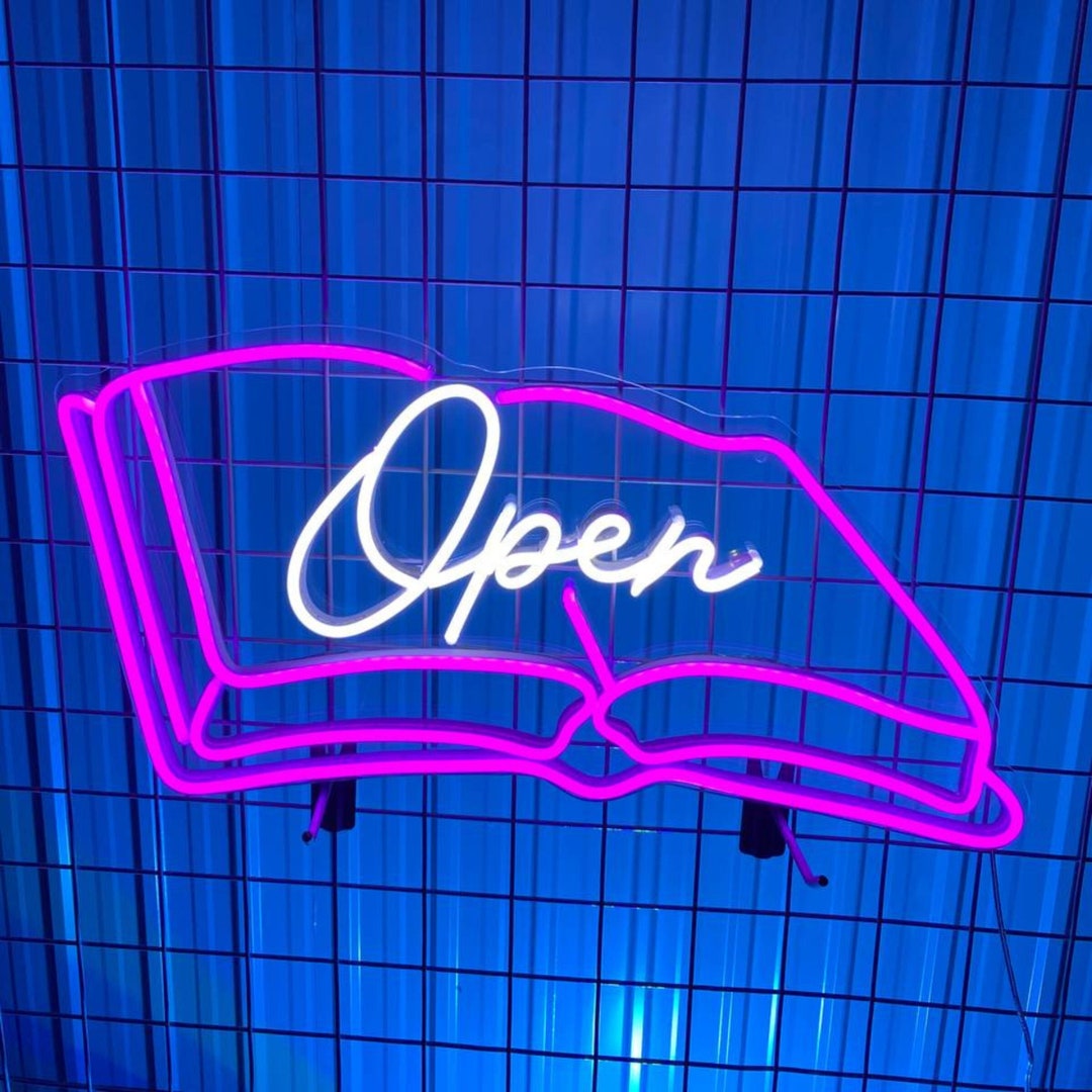 Open Book Neon Sign, Book Open Shop Neon Light, Bookworm LED Light ...