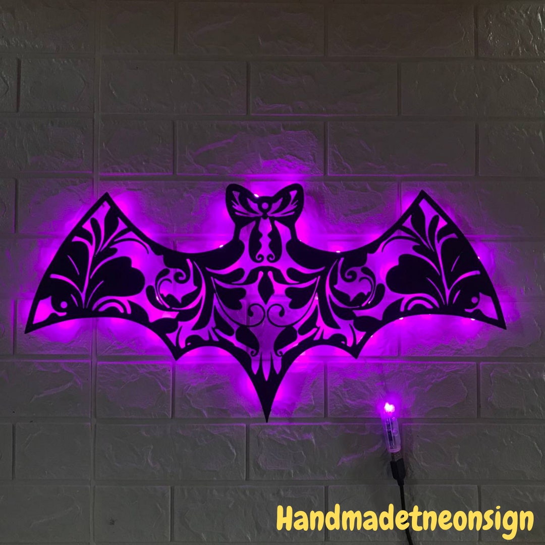 Floral Bat Metal Wall Art With LED Light - Halloween Bat Sign Home ...