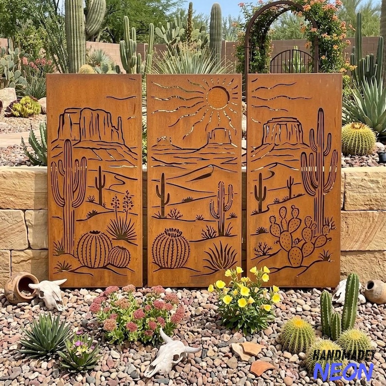 Custom Desert Landscape Metal Garden Wall Panel, Cactus Privacy Screen ...