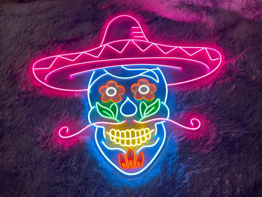 Mexican Skull in Sombrero Neon Sign Head Skeleton LED Light for ...