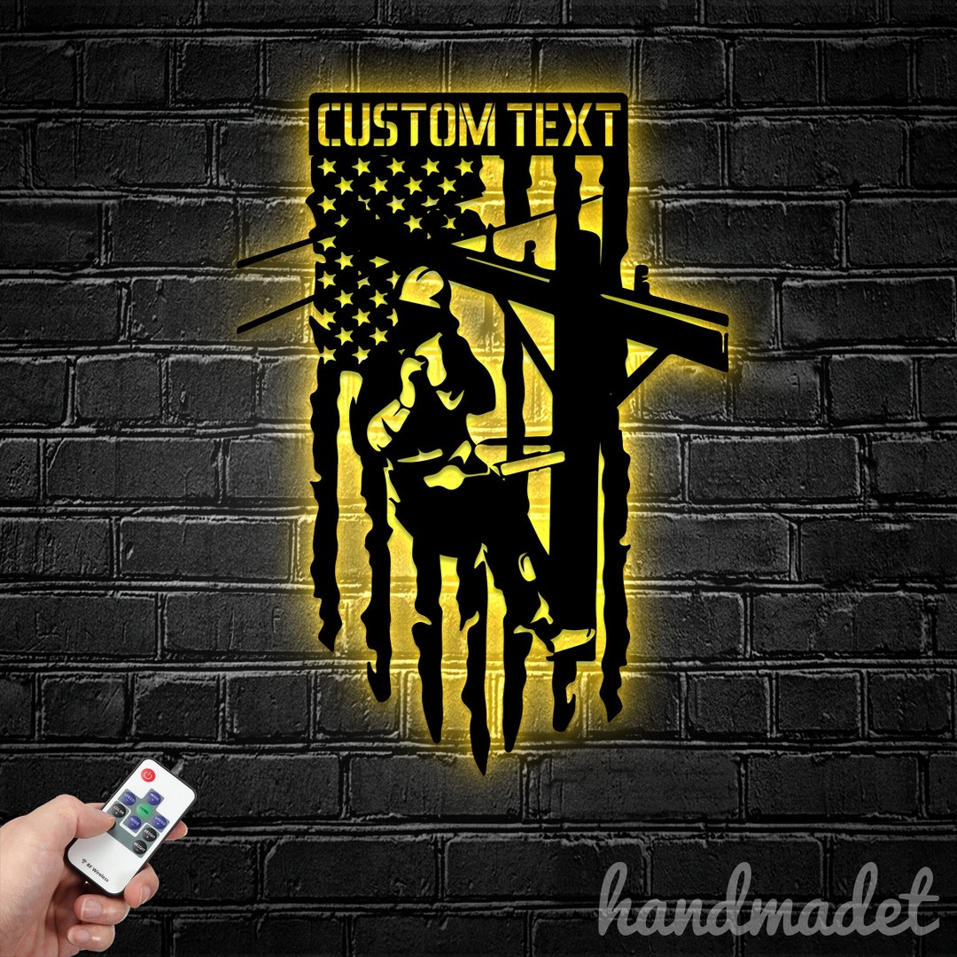 Personalized American Flag Lineman Metal Wall Art LED Light, Custom USA ...