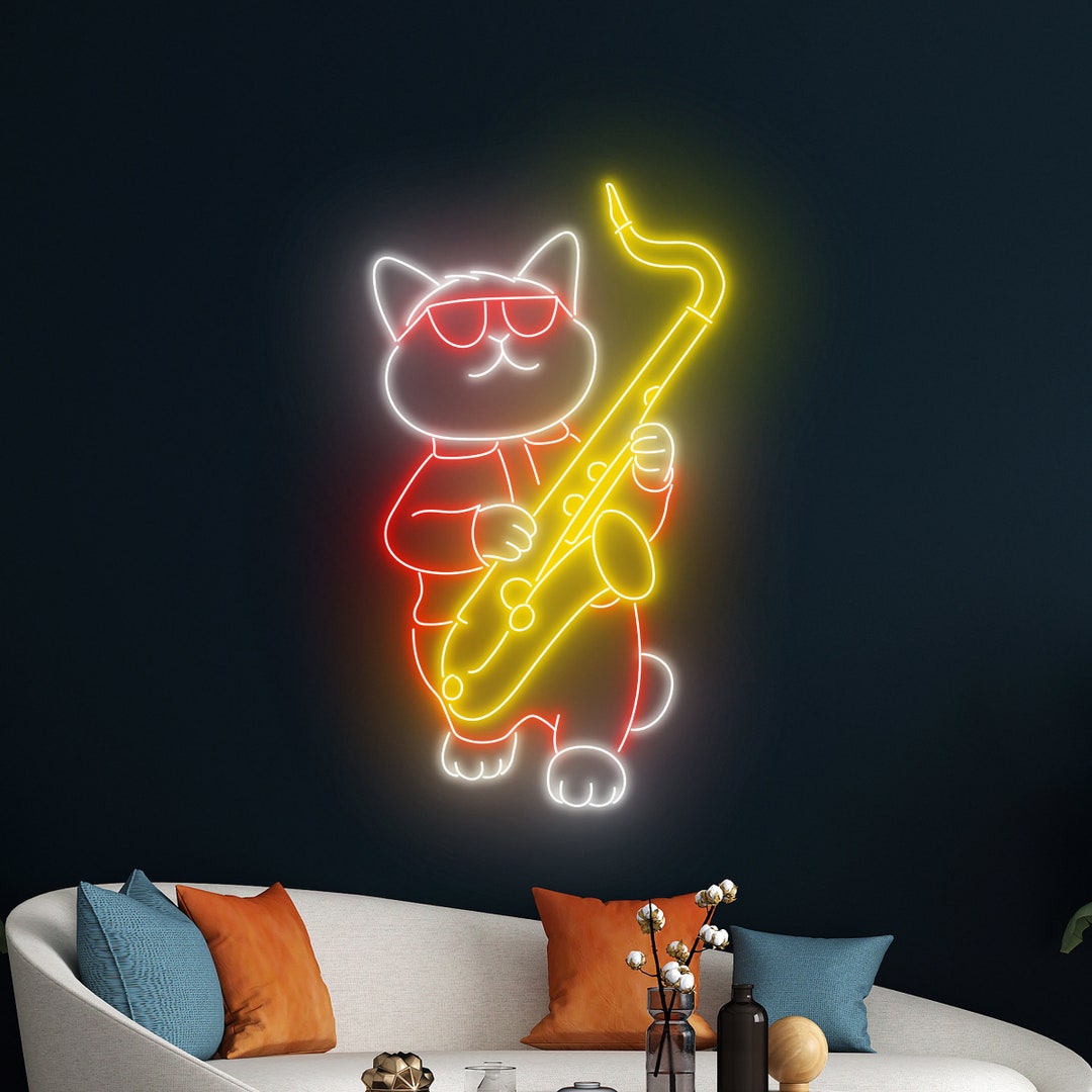 Cat Playing Saxophone Neon Light, Cat Led Light, Cat Saxophone Led Sign ...