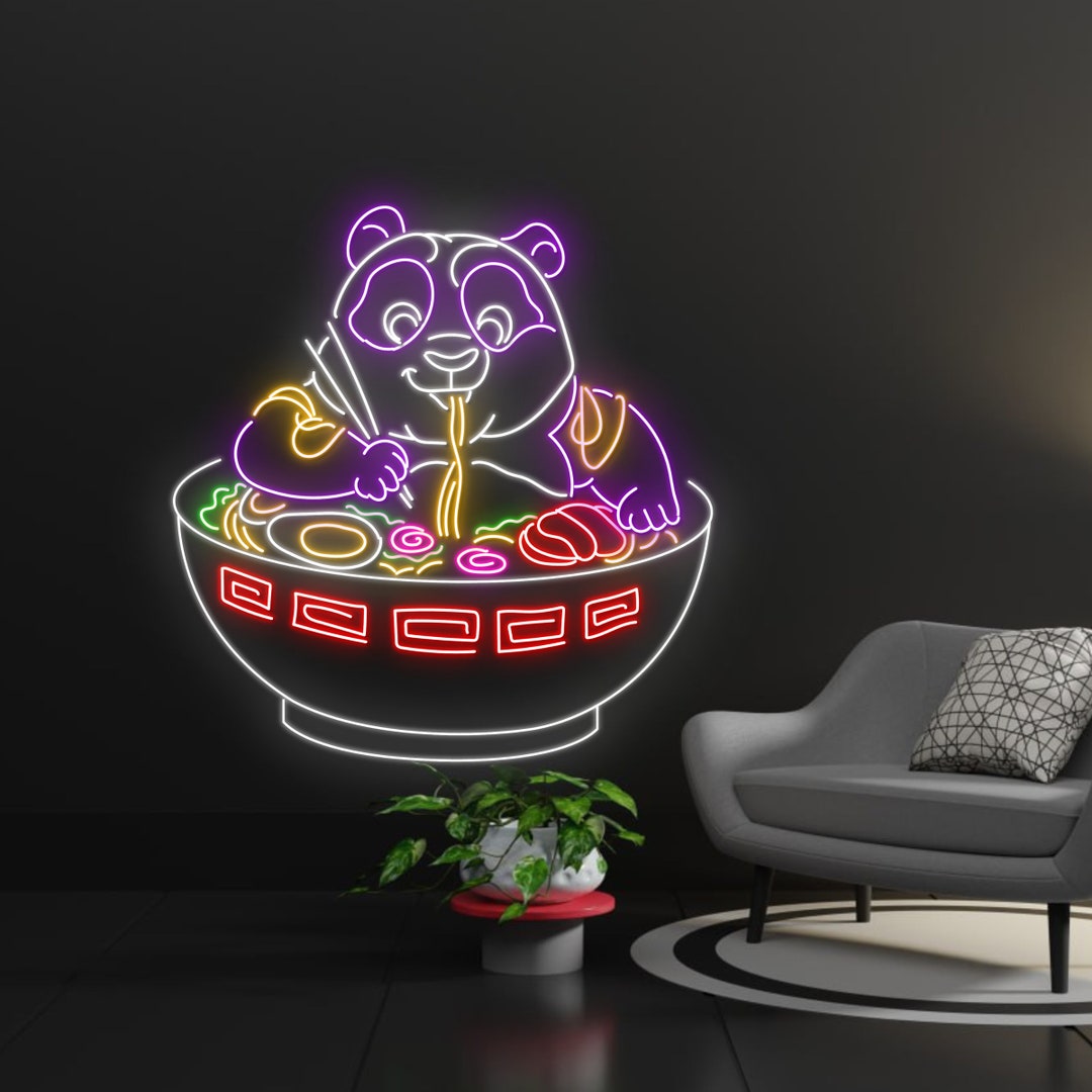 Panda Eating Noodles Neon Sign, Panda Eating Ramen Led Sign, Japanese ...