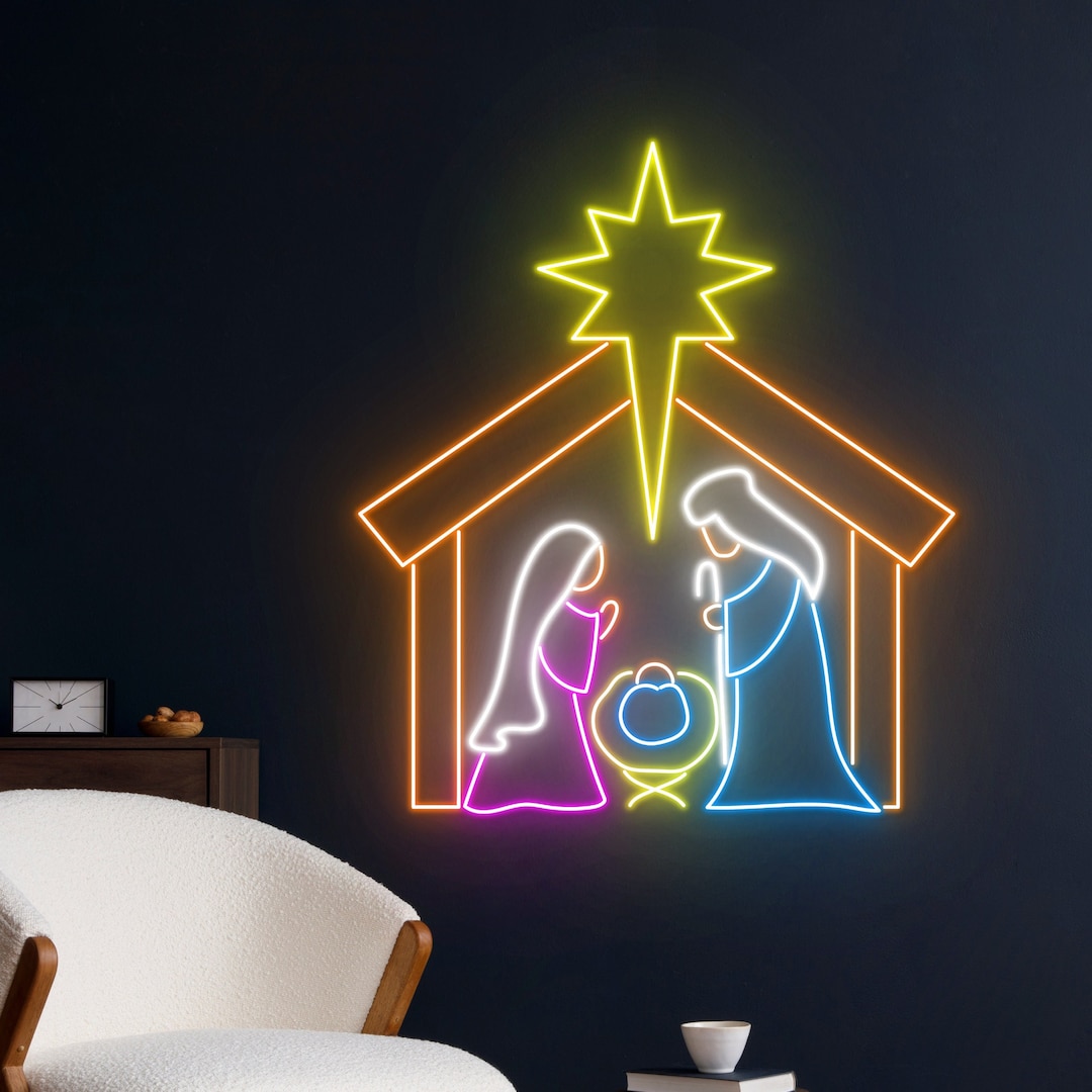 Nativity Scene Neon Sign, Holy Family Led Sign, Silent Night Neon Light ...
