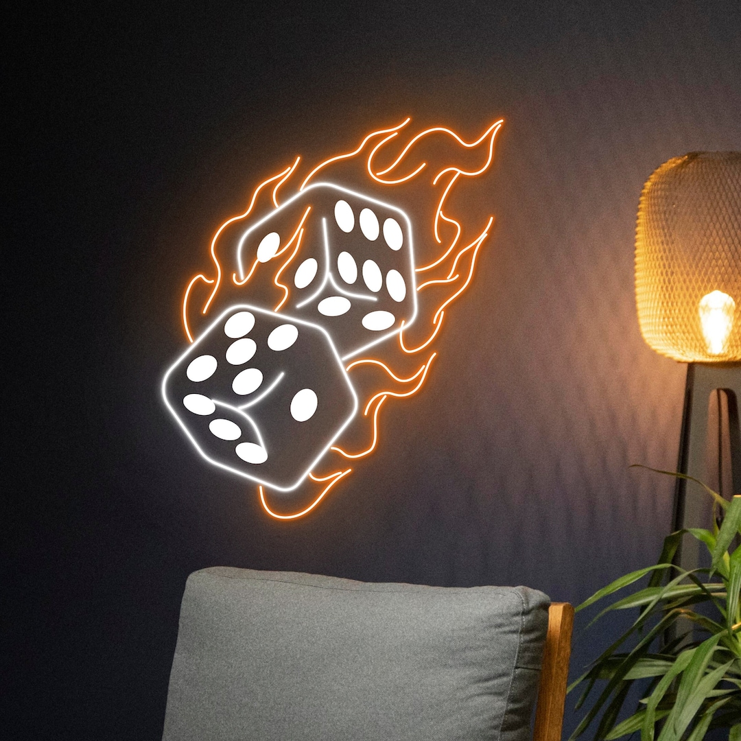 Dice on Fire Neon Sign, Flaming Poker Led Light, Burning Slot Game Neon ...