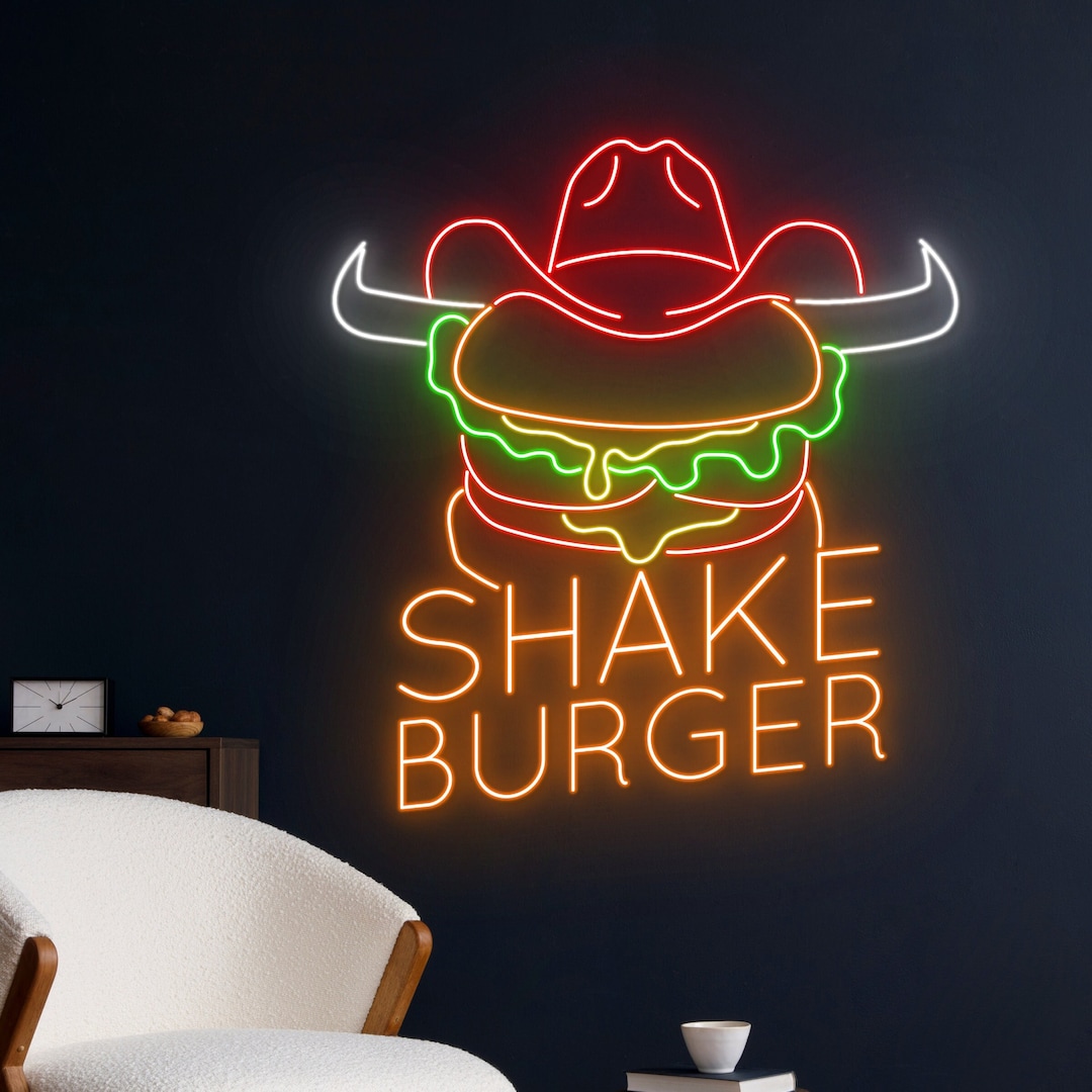 Shake Burger Neon Sign, Cowboy Hat Longhorn Burger Neon Light, Long ...