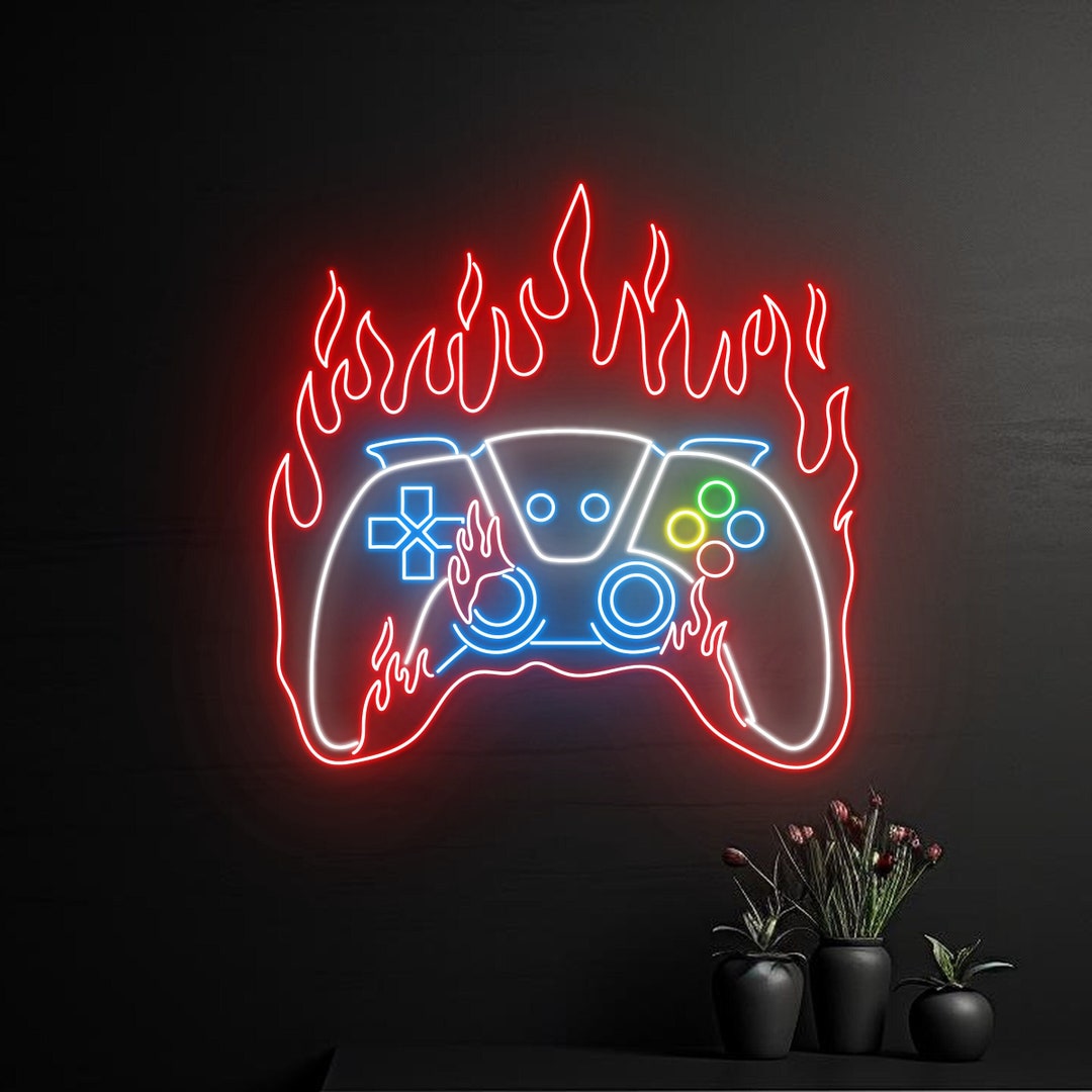 Fire Game Controller Neon Sign, Burning Controller Led Sign, Flaming ...