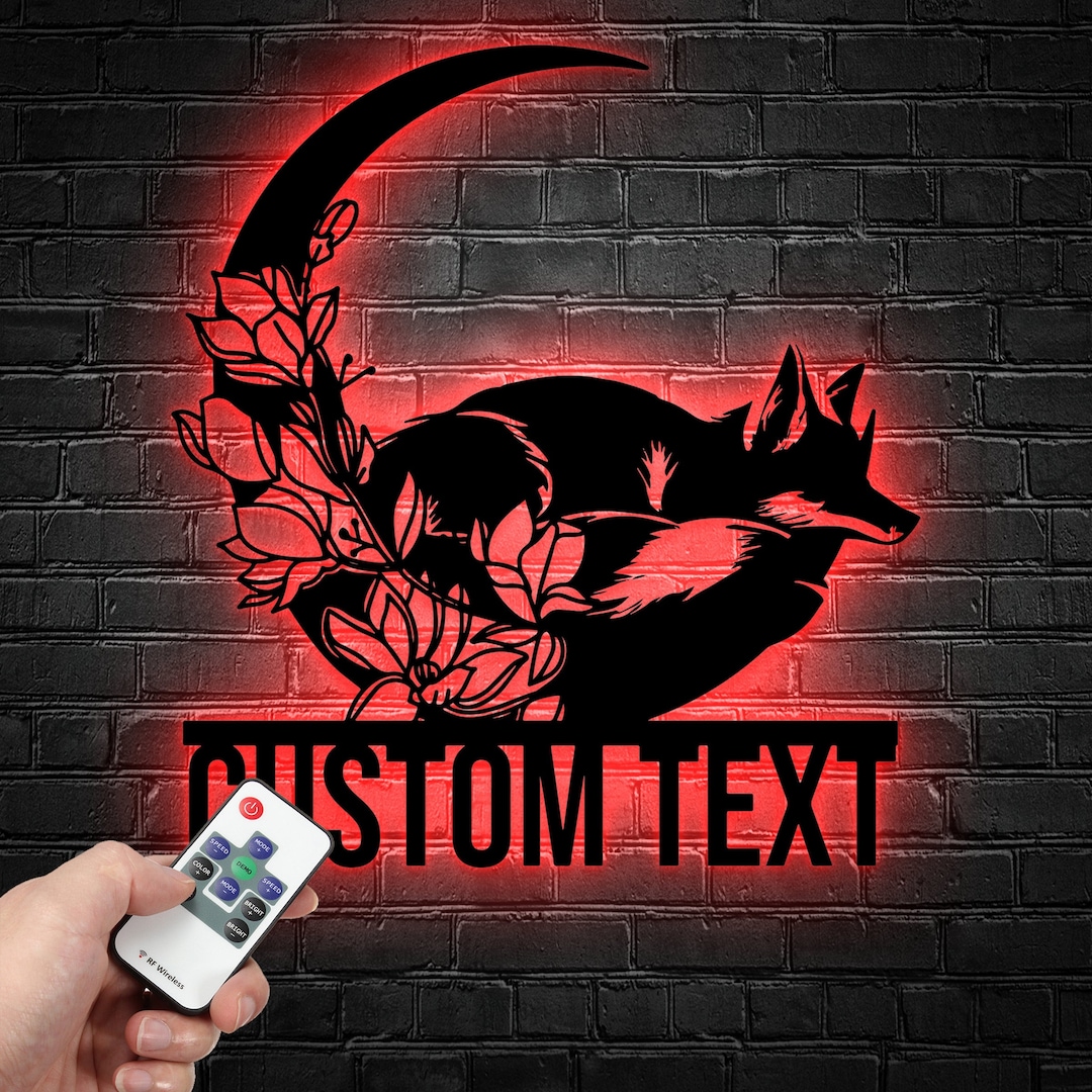 Personalized Flower Moon Fox Metal Wall Art LED Light, Custom Floral ...