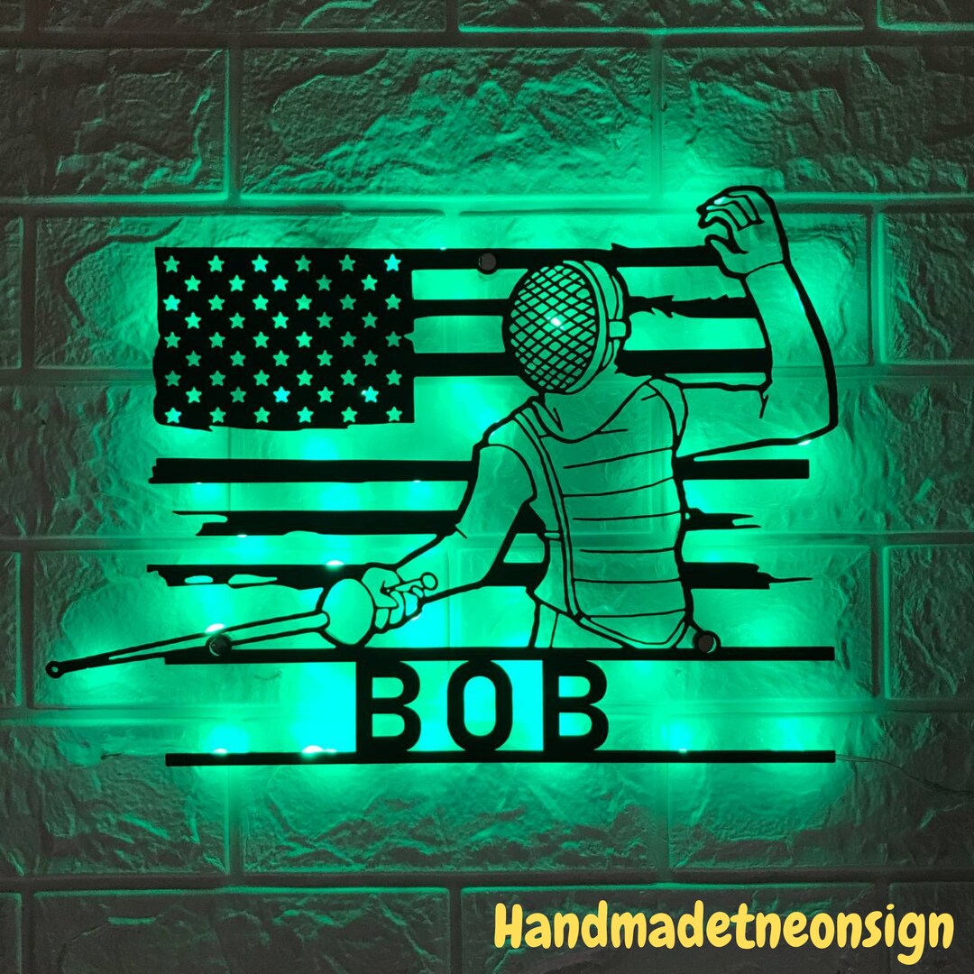 Custom US Fencing Flag Metal Wall Art LED Light - Personalized Foil ...