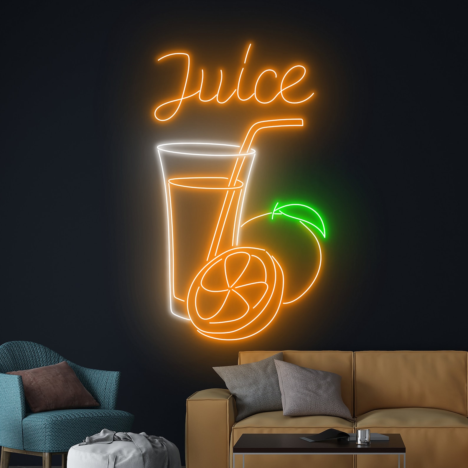 Orange Juice Neon Sign, Orange Fruit Juice Store Room Wall Decor, Bar ...
