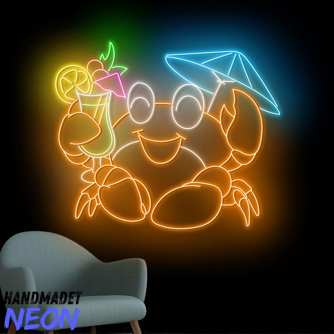 Crab Drinking Cocktail Neon Sign, Beach Cocktail Led Sign, Crab ...