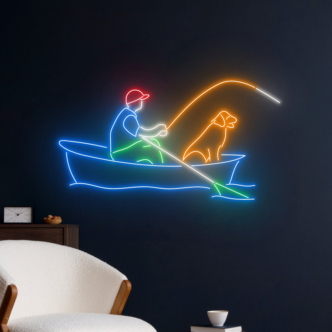 Fishing Neon Sign, Fishing on Boat Neon Light, Man and Dog Fishing Led ...