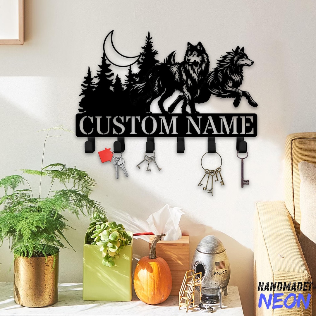 Custom Wolf Key Holder Wall Hanger, Wolf Moon Metal Wall Hooks, Wolf ...
