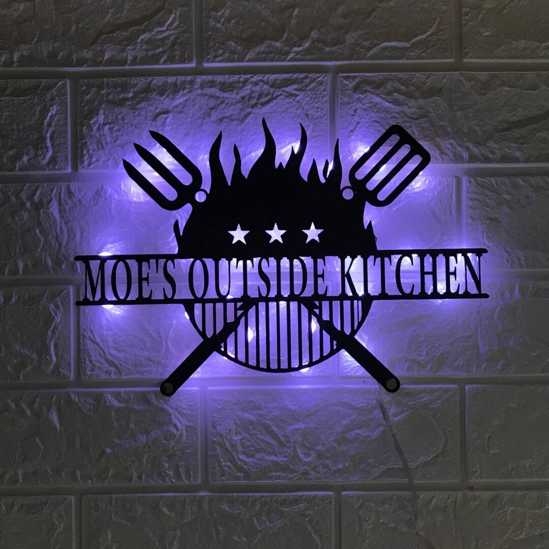 Custom Grill Metal Wall Art LED Light Personalized Barbecue Name Sign ...
