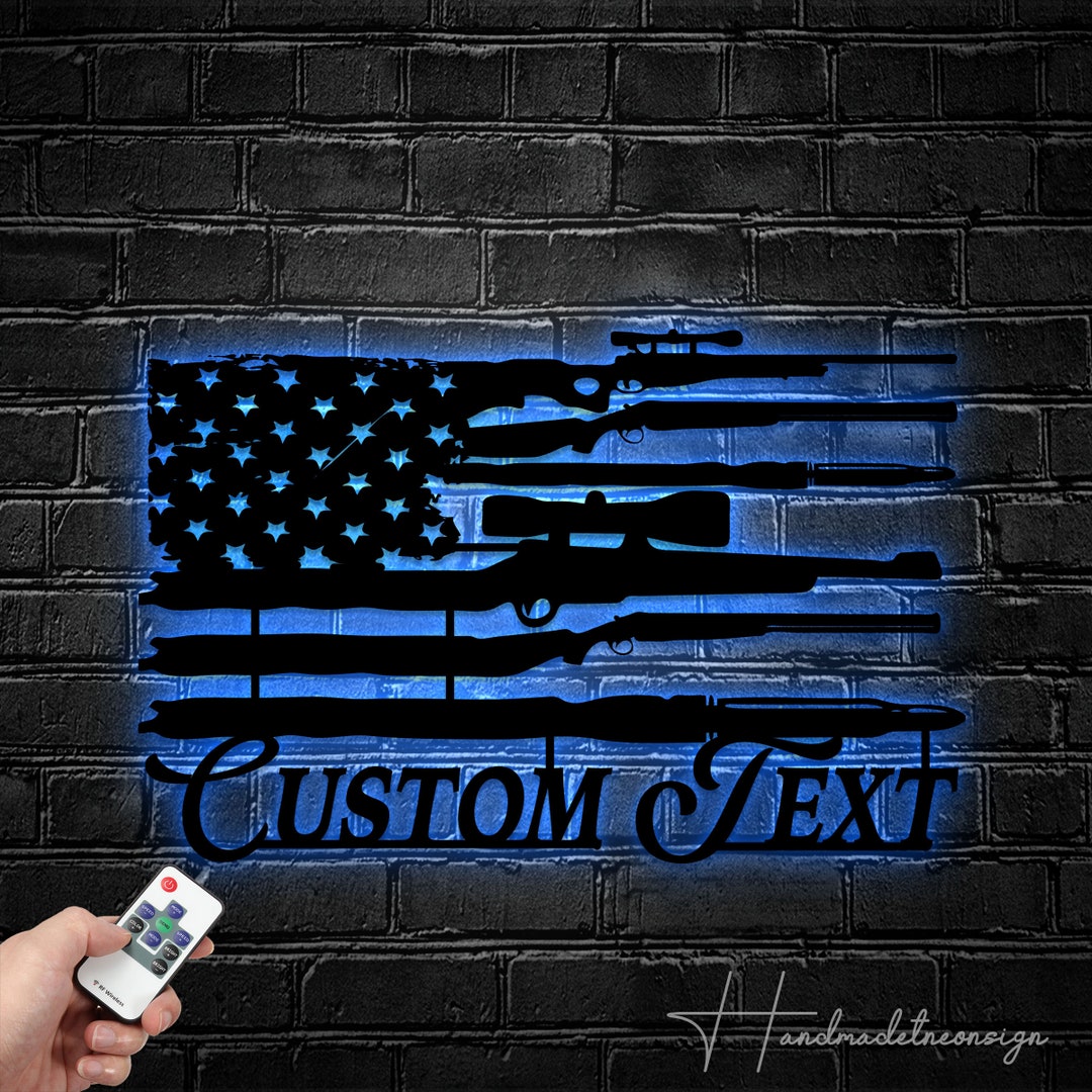 Custom Gun American Flag Metal Wall Art LED Light| Personalized Name ...