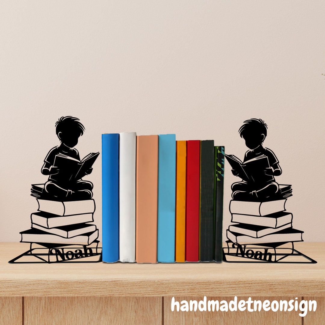 Custom Boy Reading Book Metal Bookends Bookworm Name Bookend, Read Book ...