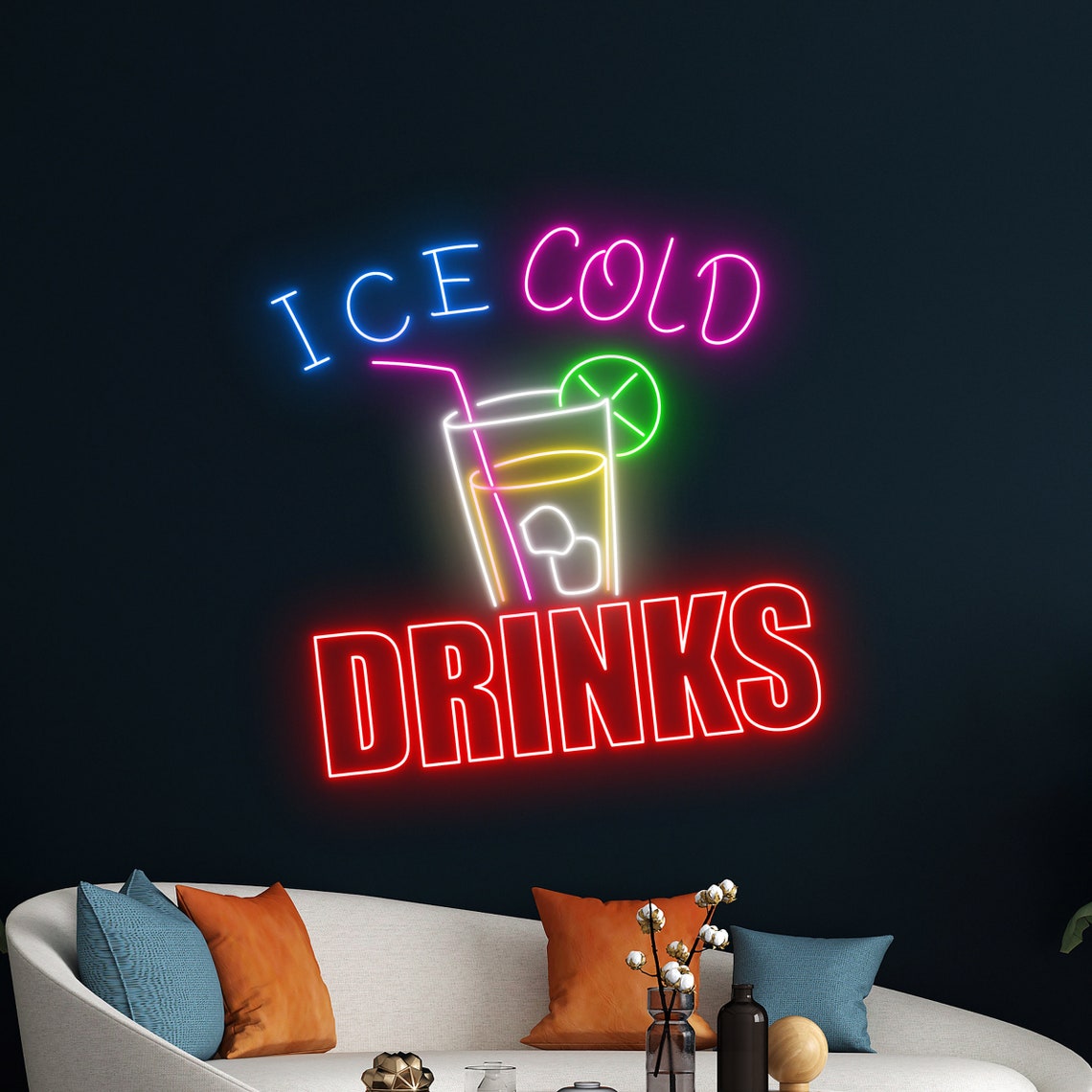 Ice Cold Drinks Neon Sign, Ice Cold Led Light, Cocktail Glass Led Sign ...