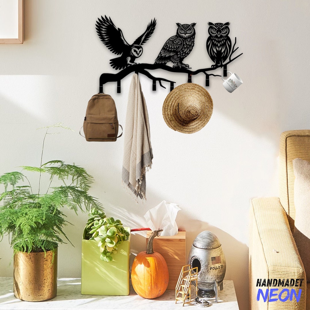 Custom Owl on Branch Coat Rack Wall Hanger, Owl Metal Wall Hooks, Owl ...