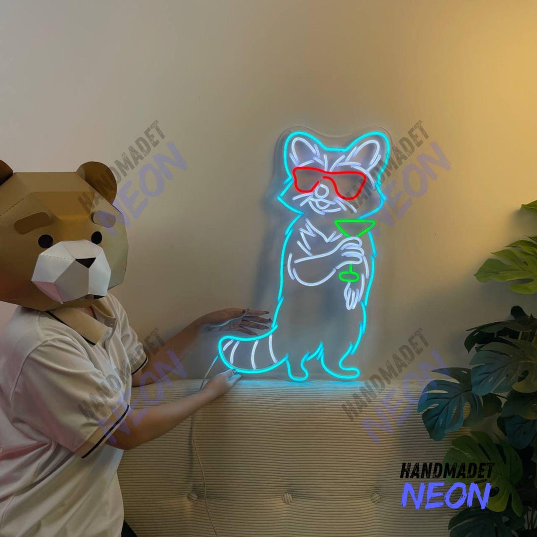 Raccoon Drinking Martini Neon Sign, Cocktail Martini Neon Light ...