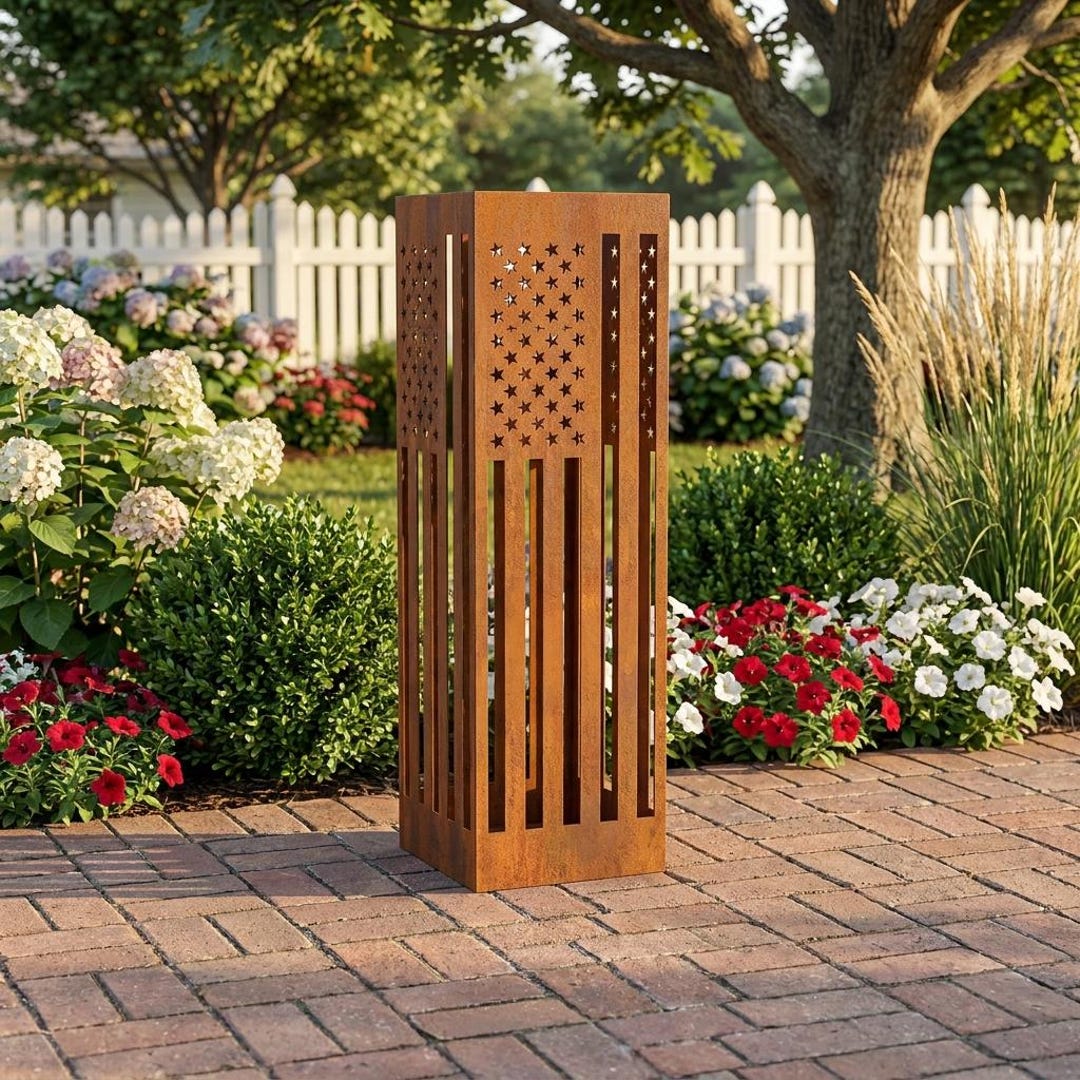 American Flag Metal Garden Column, Patriotic Outdoor Pillar, Military ...