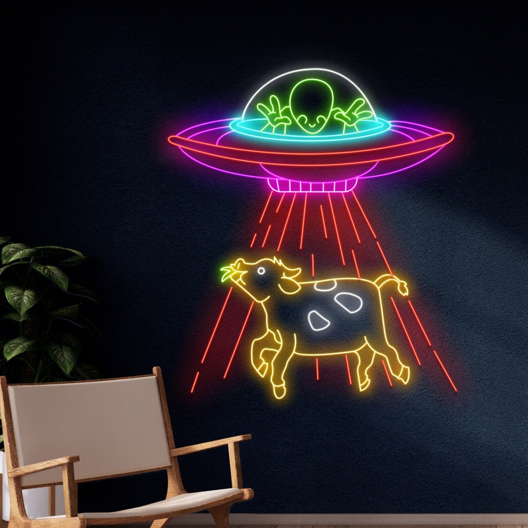 Alien UFO Abduction Dairy Cow Led Sign, UFO Dairy Cow Alien Neon Sign ...