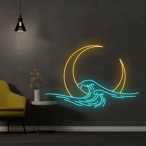 Custom Moon Ocean Waves Neon Sign, Sea Wave Moon Led Sign, Beach Led ...