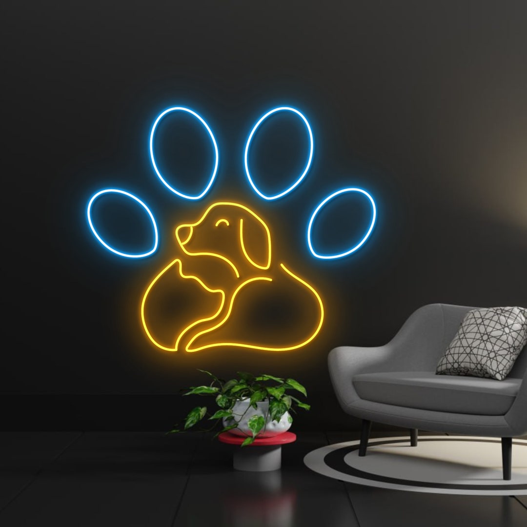 Paw Dog Cat Led Sign, Dog Cat Neon Sign, Wall Decor, Pet Shop Led Light ...
