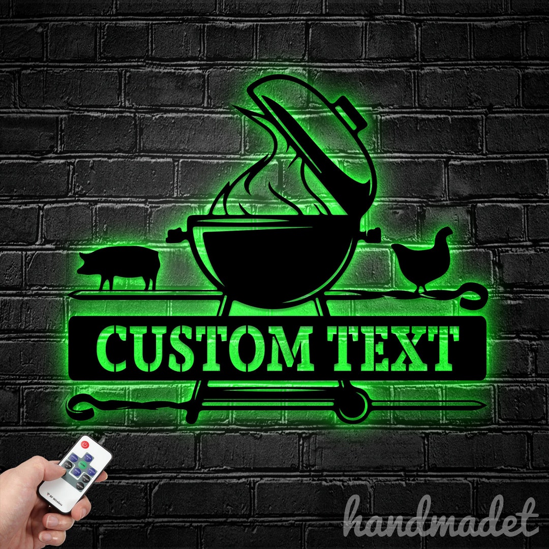 Custom BBQ Metal Wall Art LED Light - Personalized Barbecue Name Sign ...