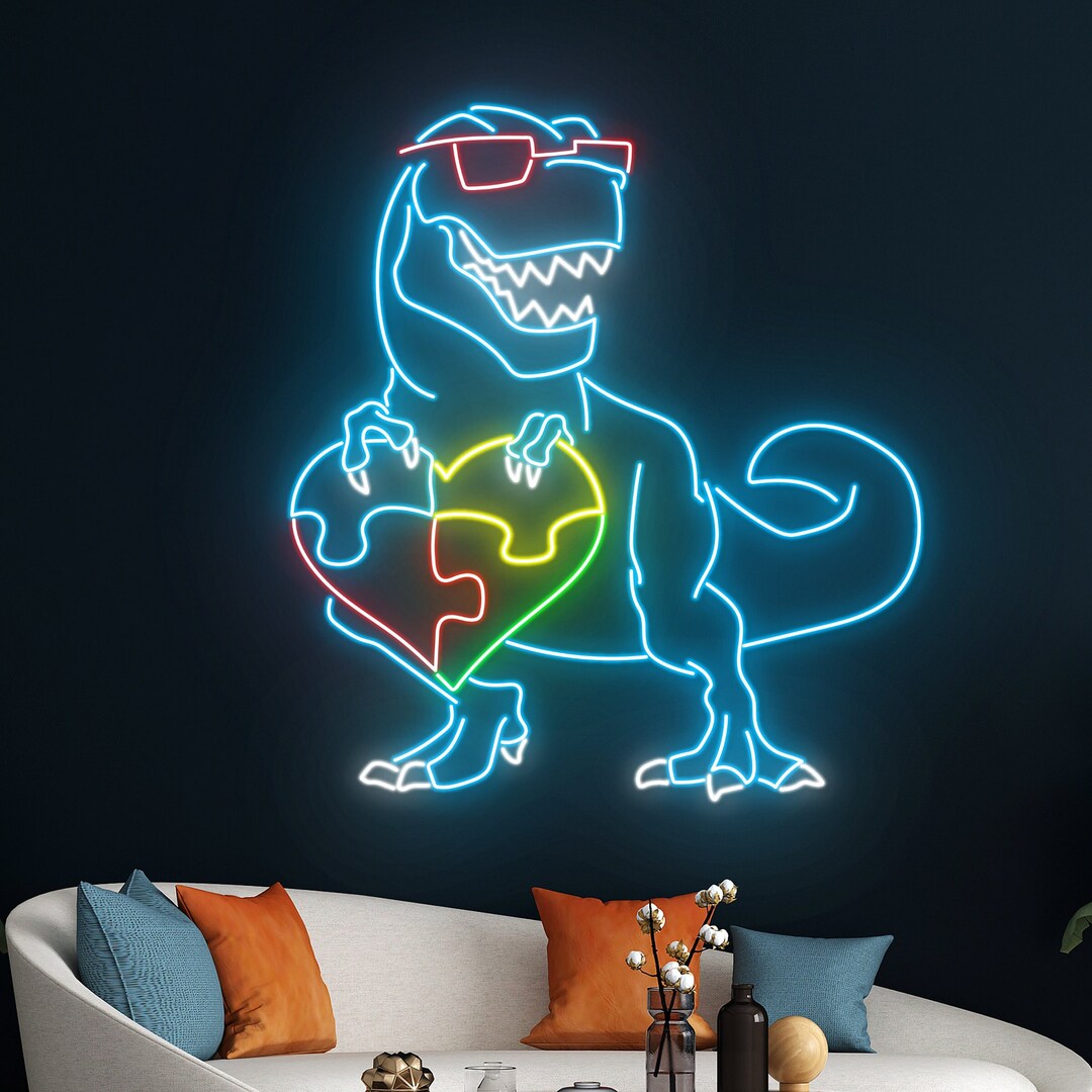 Autism Awareness Dinosaur Neon Sign, Autism Puzzle Dinosaur LED Light ...
