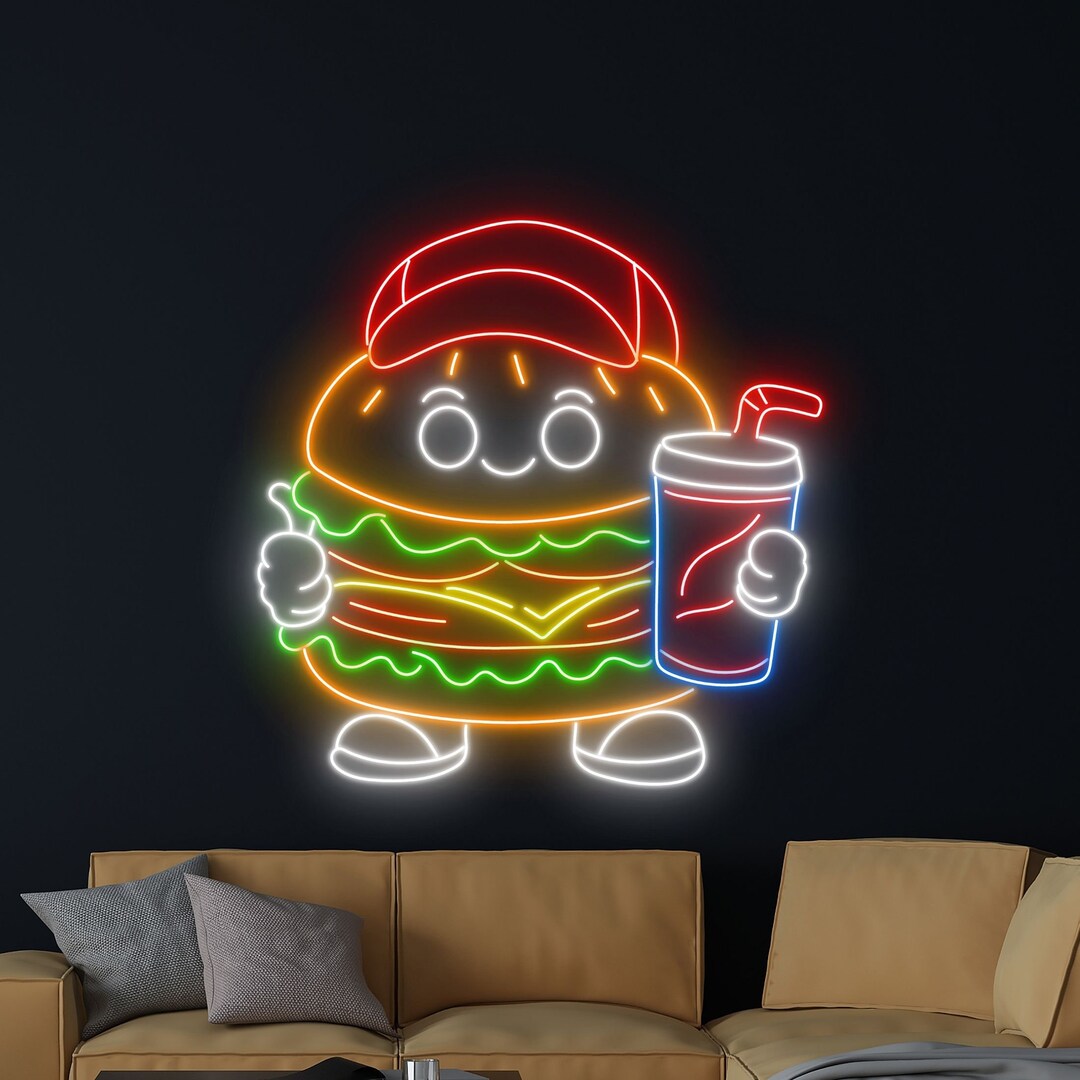 Burger Drinking Neon Sign, Burger Wearing Hat Neon Light, Hamburger Led ...
