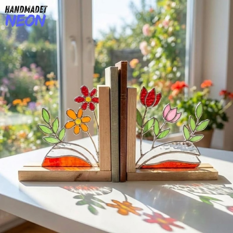 Floral Stained Glass Bookends, Elegant Flower Design Book Holder for ...