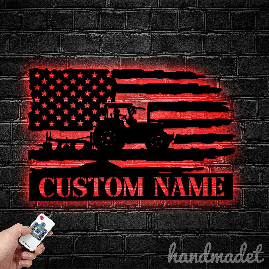 Personalized Tractor Metal Sign, USA Flag Tractor Metal Light, Tractor ...