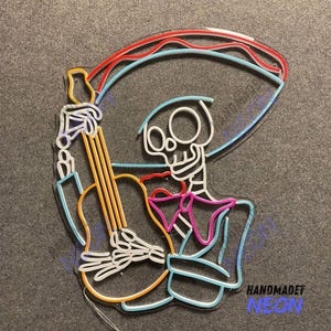 Mexican Skeleton Playing Guitar Neon Sign, Skeleton in Sombrero Neon ...