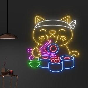 Custom Cat Eating Sushi Neon Sign, Cat Eating Japanese Food LED Sign ...