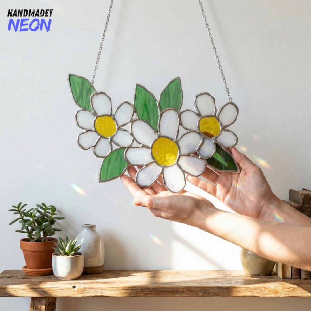 Daisy Stained Glass Sun Catcher, Flower Window Hanging, Floral Wall Art ...