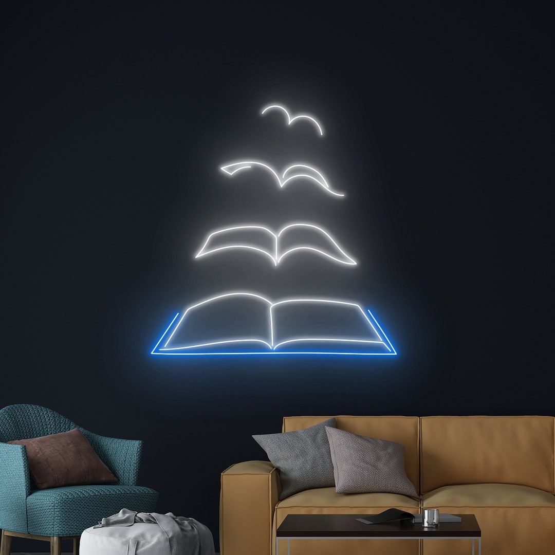 Flying Book Neon Sign, Reading Book Lover LED Light, Book Store Neon ...