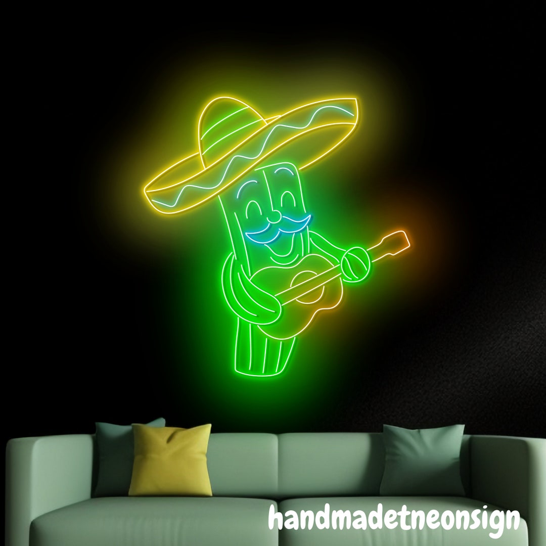 Mexican Cactus Playing Guitar Neon Sign, Mexican Cactus Led Sign ...