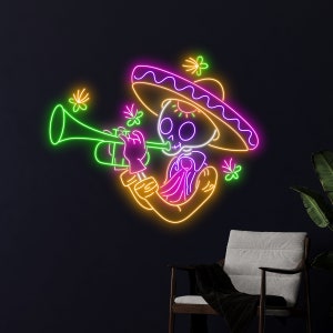 Mexican Skeleton Playing Trumpet Led Sign, Trumpet Mexico Skeleton Neon ...