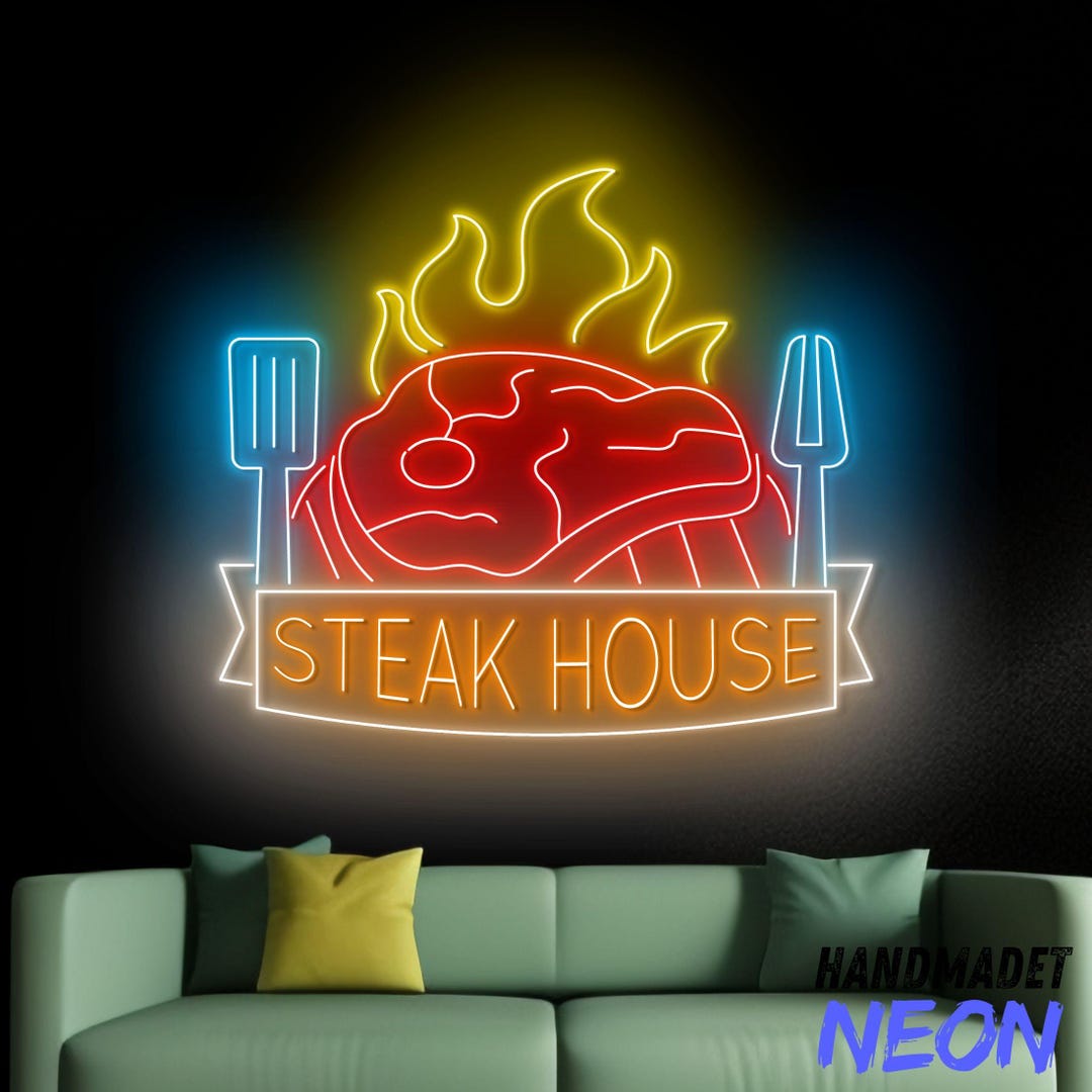 Steak House BBQ Neon Sign, Barbecue Open Led Sign, Grill Meat Neon ...