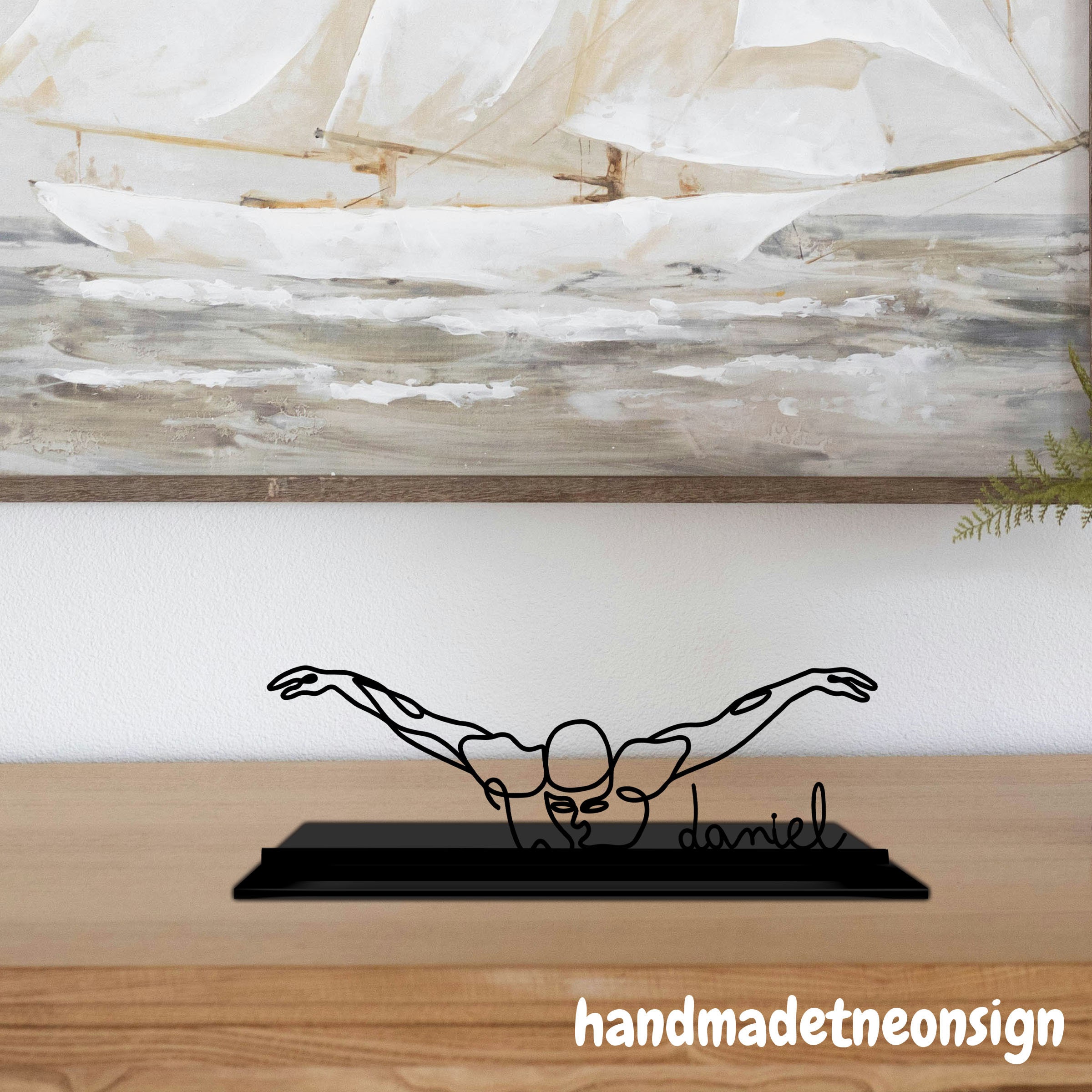 Custom Swimmer Line Art Table Decor, Swimming Metal Shelf Decor Home ...