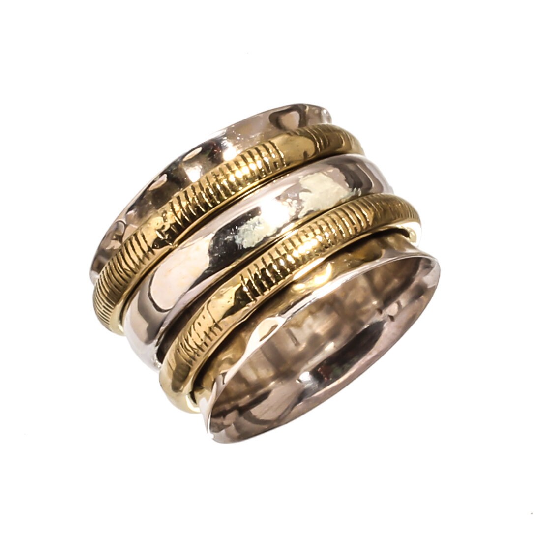 Handcrafted Unique Hammered Mixed Metal Ring Solid Gold Spinner Ring ...