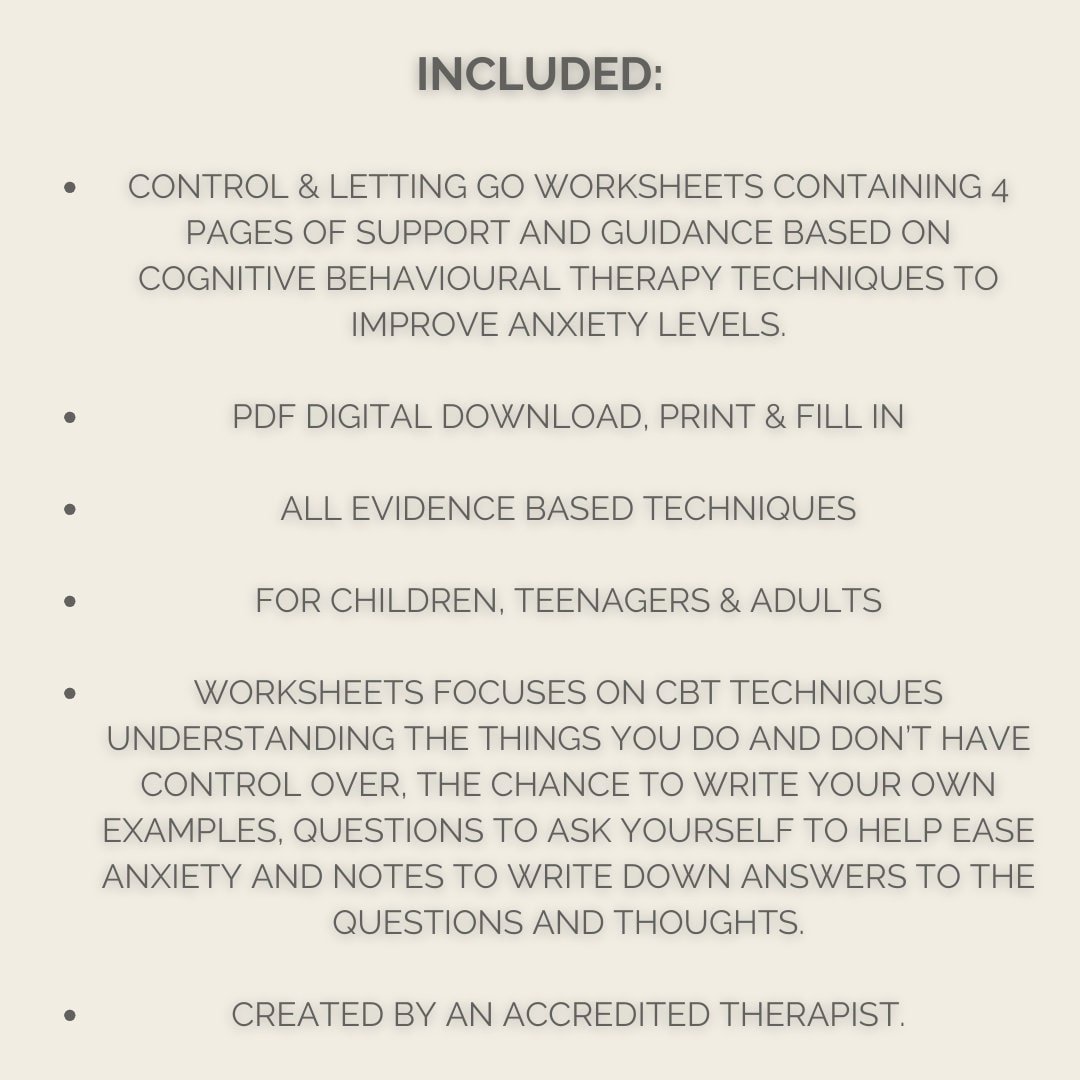 Anxiety Control & Letting Go Worksheet: CBT Therapy (PDF Digital ...