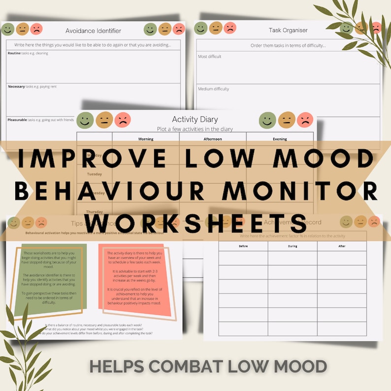 Depression CBT Worksheets, Mood Tracker, Therapy Journal (PDF Digital ...