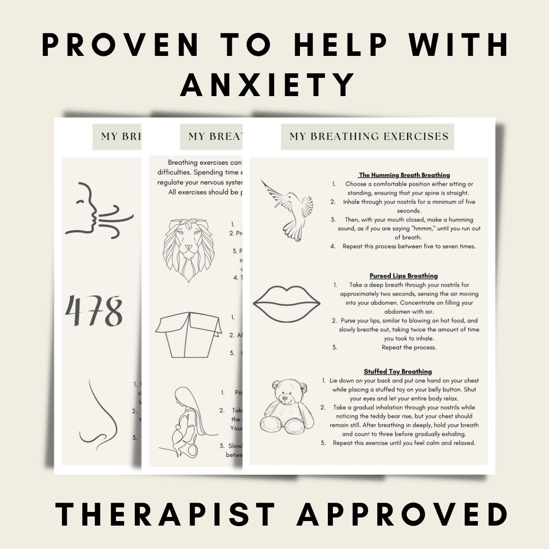 Anxiety Breathing Exercises Worksheet, Therapy Techniques (PDF Digital ...