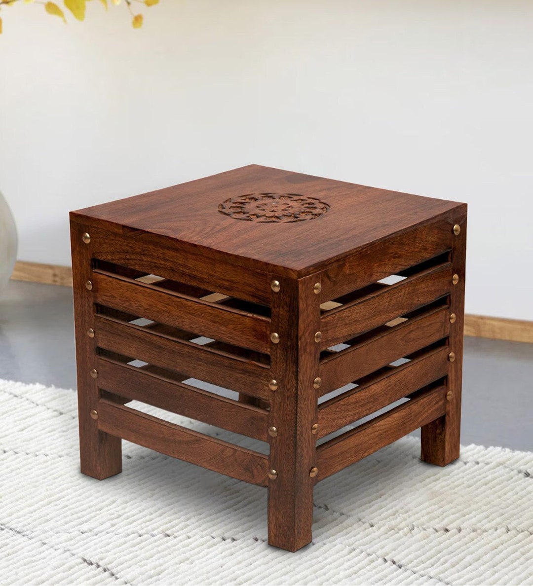 Wooden Carving Square Stool Brown Color Stool, Foot Stool, Riser ...