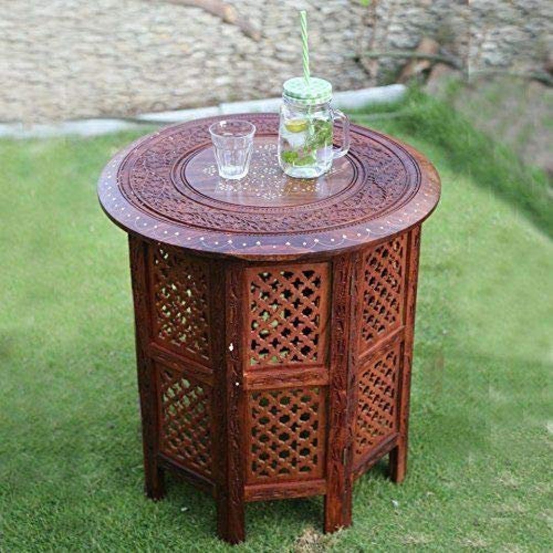 Hand-carved Wooden Folding Table Stool Portable Round With Brass Work ...