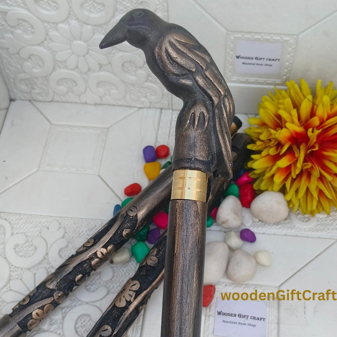 Wooden Walking Stick 3 Fold – Bird Crow Shape Handle – Antique Black ...