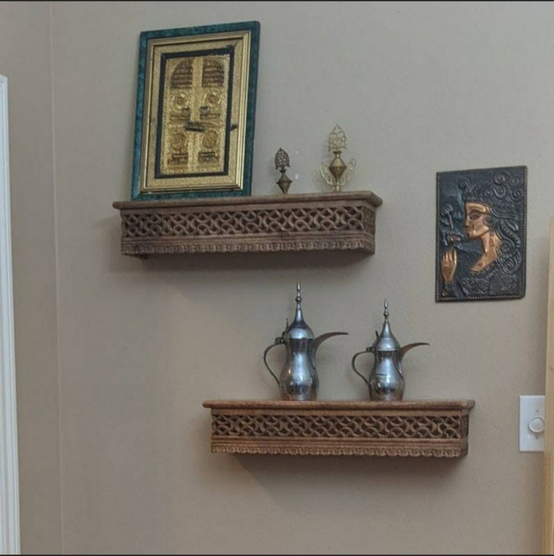 Set of 2 Hand Carved Wooden Wall Shelf Bracket Artisan Wood Carving for ...