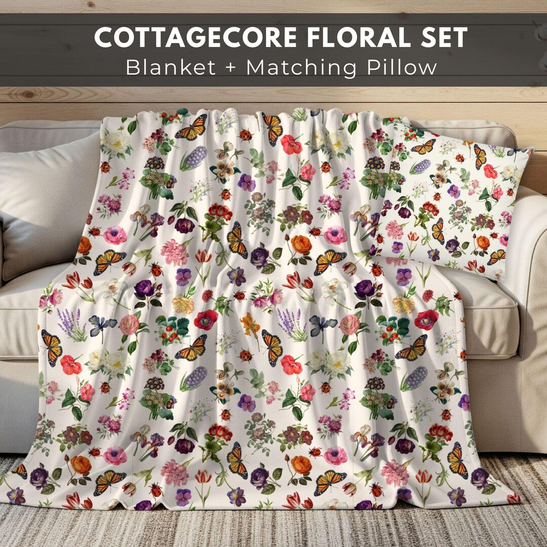 Cottagecore Floral Blanket Set With Pillow, Vintage Botanical Throw ...